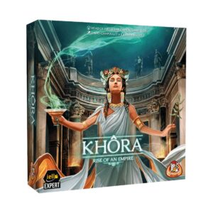 iello: khora, rise of an empire, race to development game, develop your city faster and better than your opponents, 2 to 4 players, 75 minute play time, for ages 14 and up