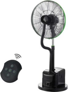 simple deluxe 18 inch misting fan adjustable height oscillating cooling pedestal fan with remote control, ideal for backyards, patios and more, black