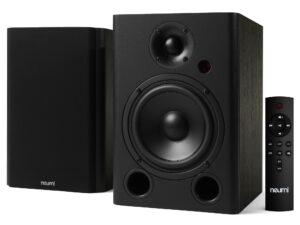 neumi bs5p-arc 75-watt powered bookshelf speakers, bluetooth, hdmi, usb, optical, coaxial, remote control, 5-inch woofer, 1-inch tweeter, dark wood, 1 pair