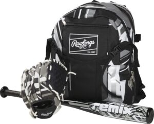 rawlings remix series youth 9" tball glove (right hand throw), 24" tball bat & tball backpack bag set (black/white/silver)