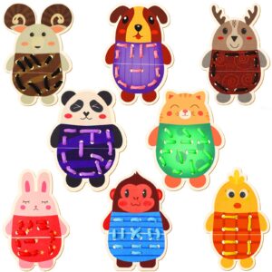 8 pieces wooden lacing animals threading toys lacing and tracing cards fine motor skill toys for boys and girls school activities