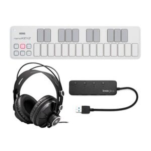 korg nanokey 25-key slim-line usb midi controller (white) bundle with closed-back studio monitor headphones and 4-port usb hub (3 items)