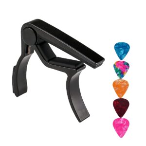 capo,guitar capo,with 5 pack guitar picks,guitar capos,for acoustic guitar,electric guitar,bass,ukulele (black)