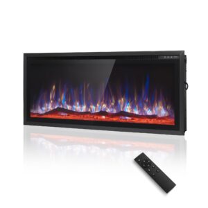 phi villa 30 inch electric fireplace inserts, wall mounted & recessed electric fireplace heater low noise with remote control, timer, touch screen, adjustable flame color, 1500w (black)