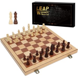 leap 15.5" inches wooden chess set with wooden checkers 2 extra queens - folding board, portable travel chess board sets with chess pieces storage slots - all age chess set for adults and beginner