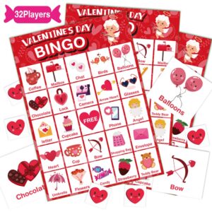 valentines day bingo game card for kids/adults, 32 players - valentine game for family/school classroom/large group, valentine party favor for boy/girl