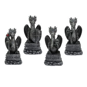 dwk pewter dragons motivational gothic decor mini figurines | 4 piece set medieval home decor and dragon garden decor | medieval mini statues gifts for meditation - 5"