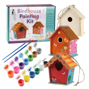 diy bird house kit for kids, build your own bird house kit for children, includes 3 unfinished birdhouses to paint and build, ropes, 12 paints, glitter paint, and 2 brushes, arts and craft kids set