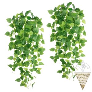 coowas 2pcs artificial hanging plants 3.2 feet fake ivy vine leaves greenery for wedding party outdoor garden office home kitchen bedroom wall decor (basket includes)