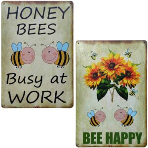 tisoso honey bees busy at work & bee happy vintage sunflower metal sign garden decorative plaque farmhouse country home decor 2pcs-8x12inch