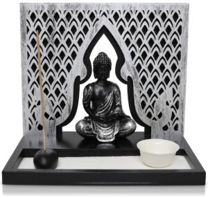 basic fundamentals zen garden candle holder home decor - buddha incense stick holder office desk accessories - zen garden sand office decor - buddha table top - 8.75" x6.5”x 8.75”