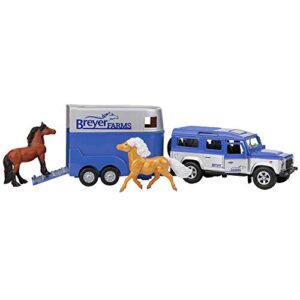 breyer horses farms land rover and tag-a-long trailer and playset | die cast | 3.25” h x 10.5” l x 2.5” d | 2 stablemates horses included | 1:32 scale | model #59216, multi