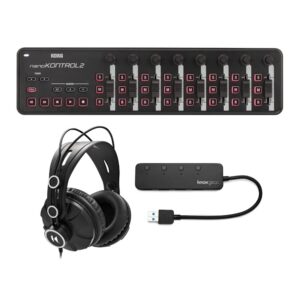 korg nanokontrol2 slim-line usb midi controller (black) with tx-100 closed-back studio monitor headphones and 3.0 4 port usb hub (3 items)