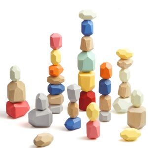 qurhafoo 36pcs wooden balancing stacking stones rocks, wood building blocks set, sorting and stacking games, lightweight natural colorful toys, preschool learning educational for kids 3 years up