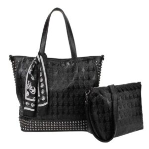 womens skull print hobo tote leather shoulder bag punk handbag and purses 2 sets (big-black-2-piece set)