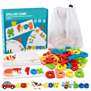 mastour see and spell learning toys,matching letter game words for kids,educational learning toys for preschool kindergarten 3-7 year old girls boys (28 cards+52 letters) +1