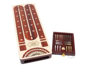 house of cribbage - 4 track continuous cribbage board inlaid in bloodwood - size: 13.5 inches - storage drawer for cribbage pegs and score marking fields for skunks, corners and won games