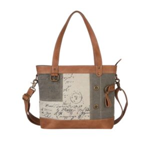 mona b. vintage upcycled canvas shoulder bag with vegan leather trim (vintage script)