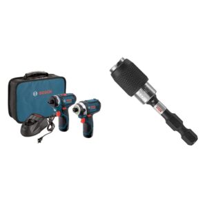 bosch clpk27-120 12v max 2-tool combo kit (drill/driver and impact driver) w/ 2 batteries, charger and case and itbhqc201 2 1/4", impact tough quick change bit holder