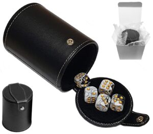 set of dice cup with storage compartment black pu leather black felt lined + (5) 16mm pearlized dual-color rounded corners dice (gift boxed) (white/black, gold pips)