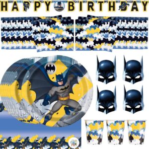 batman birthday party supplies pack for 16 guests with batman masks, plates, cups, napkins, table cover, birthday banner and an exclusive pin, by another dream