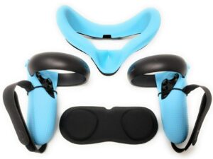 tne accessories bundle kit for oculus quest 1 vr headset & controllers | headphones/earphones, silicone face cushion cover, grip case, knuckle hand strap, lens cover pad, thumbstick caps (light blue)