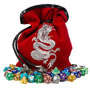 large dice bag with 7 complete dice sets | dragon dnd dice bag and 49 polyhedral dice | red dice bag with pockets