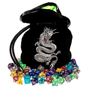 large dice bag with 7 complete dice sets | dragon dnd dice bag and 49 polyhedral dice | black dice bag with pockets