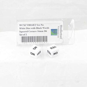 yes no white dice with black words squared corners 16mm (5/8 inch) d6 set of 2 wondertrail