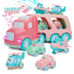 kooder cartoon car toys set for 3 4 5 6 years old toddlers kids, pink truck ​with sound and light, pink car toy set in friction powered carrier truck, christmas birthday gifts for boys and girls