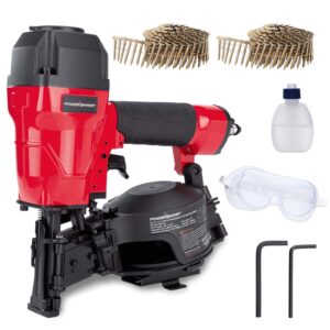 powersmart roofing nailer, 15 degree roofing nail gun with safety goggles, 3/4-inch to 1-3/4-inch coil nails, 120 pcs load capacity coil nailer kit with 240 pcs nails