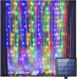 solar curtain string lights outdoor, amzstar waterproof 300led fairy window string lights twinkle solar lights 8 modes wedding party home garden bedroom outdoor indoor wall decorations (multicolor)