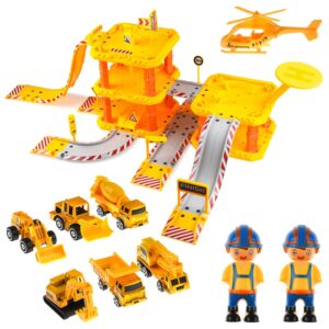 toysical construction playset - complete parking garage toy playset with vehicles, helicopter, mini figures, road setup construction toys for boys and girls - boys toys age 4-6