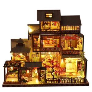 syw japanese style retro villa miniature dollhouse with furniture, diy miniature dollhouse kit with led light, 1:24 scale creative room for birthday xmas gift