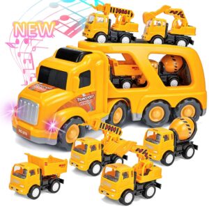 kids construction trucks toys for 3 4 5 6 years old toddlers kids, car toys set with sound and light, toy vehicles in friction powered carrier truck, christmas birthday gifts for boys and girls