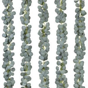 zifty 5 pack 31.5ft artificial eucalyptus garland faux vines handmade greenery silver dollar leaves for wedding arch backdrop home table runner garden décor(eucalyptus)