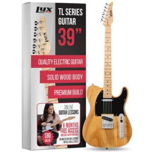 lyxpro 39” electric guitar tl series, full-size paulownia wood body, 3-ply pickguard, c-shape neck, ashtray bridge, quality gear tuners, 3-way switch & volume/tone controls, 2 picks included, natural