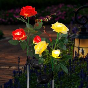 forup 2 pack solar garden stake lights, outdoor solar rose flower lights with 6 rose flowers, led rose solar powered lights for patio, lawn, garden, yard decoration (red & yellow)