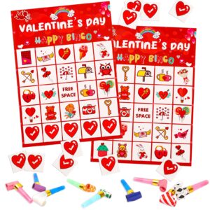 valentine’s day bingo game for kids, bingo cards with 32 players & 10 pcs party blowers for valentine party games, valentine crafts school classroom party favor activities,holiday party craft supplies