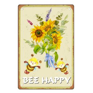 asoodoo funny vintage metal tin sign sunflower - bee happy - sun flower retro iron painting wall poster decor sign for home office cafe bar country farm kitchen wall decor art 8x12 inches