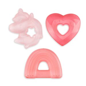 itzy ritzy water-filled teethers - cold cutie coolers textured on both sides to massage sore gums & emerging teeth - can be chilled in refrigerator, set of 3 coordinating pink unicorn water teethers