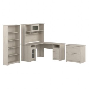 bush furniture l shaped desk with hutch, 5 shelf bookcase and lateral file cabinet | cabot collection corner computer table with storage and bookshelf | 60wx23dx37w