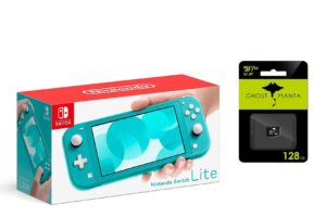 newest nintendo switch lite game console, 5.5" lcd touchscreen display, built-in plus control pad, w/hesvap 128gb micro sd card, built-in speakers, 3.5mm audio jack (turquoise blue)