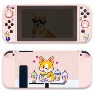 belugadesign corgi boba switch bundle | cute kawaii dog bubble tea pastel pet case | cover shell with thumb grips compatible with nintendo switch (switch standard, pink)