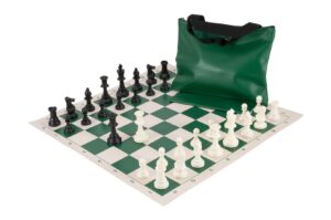 standard chess set combination - triple weighted regulation pieces, vinyl chess board and standard bag (forest green)