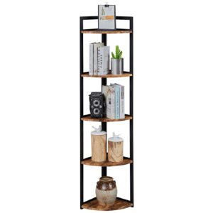 superjare corner shelf, industrial 5-tier wall corner bookshelf with metal frame, corner shelf stand display plant flower, corner bookcase for home, office, kitchen - rustic brown