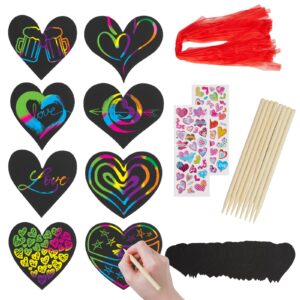 rainbow magic scratch art set, 28 heart scratch paper with ribbons for valentines decorations, scratch art for kids class with 2pcs 3d stickers, valentines day gifts for kids (28 pcs valentine craft)