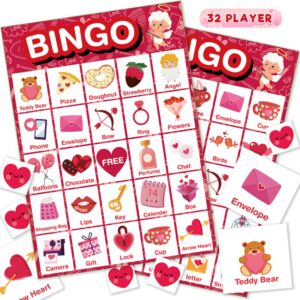 officygnet valentine's day bingo game cards, 32 players for kids party card games, school classroom group games, family activity, valentines party favors supplies