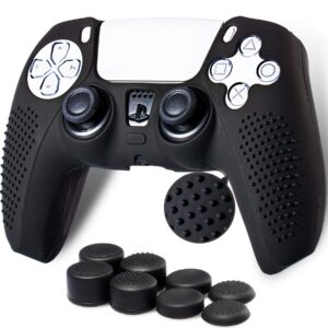 playrealm soft 3d dots silicone skin cover x 1 & thumb grips x 8 for ps5 dualsenese controller (black)