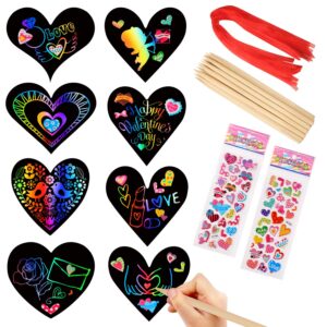 28 pieces valentine crafts scratch paper ornaments heart shape rainbow scratch craft art, with 28 pieces wooden styluses,28 pieces ribbons, and 2 3d puffy stickers, for valentine diy art decorations